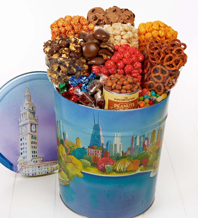 Chicago Skyline Snack Assortment and Popcorn Tins